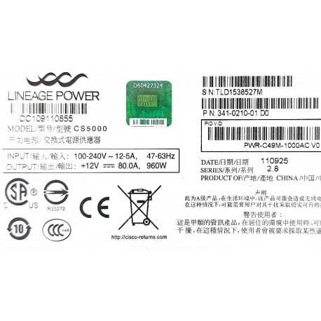 cisco 341-0210-01 PWR-C49M-1000AC-R lineage power CS5000 - Computer ...