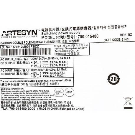 ARTESYN 700-015480 N9212U001FBZZ 1600w - Power supply