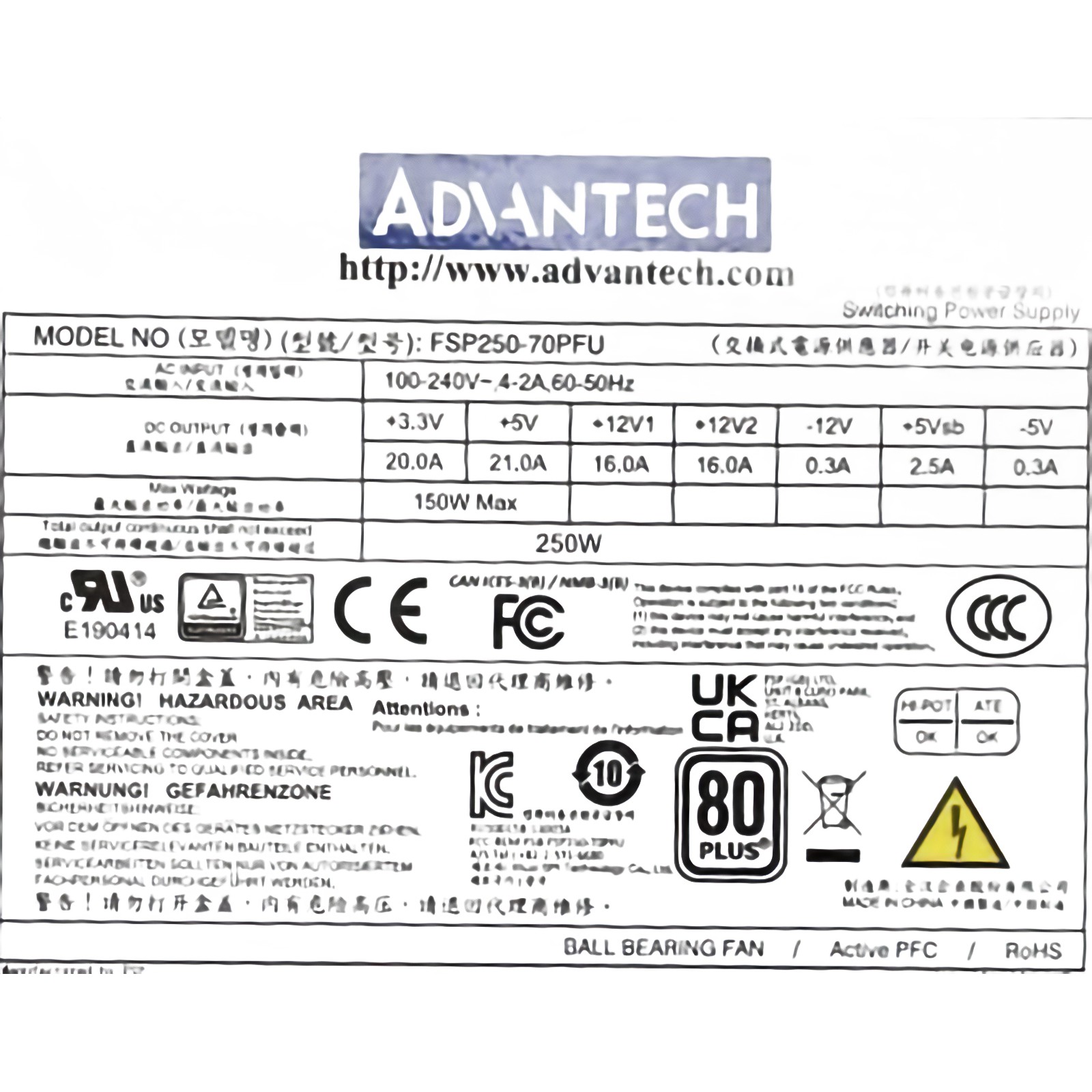 Advantech IPC-610H 610L 610G FSP250-70PFU 250 w - Power supply