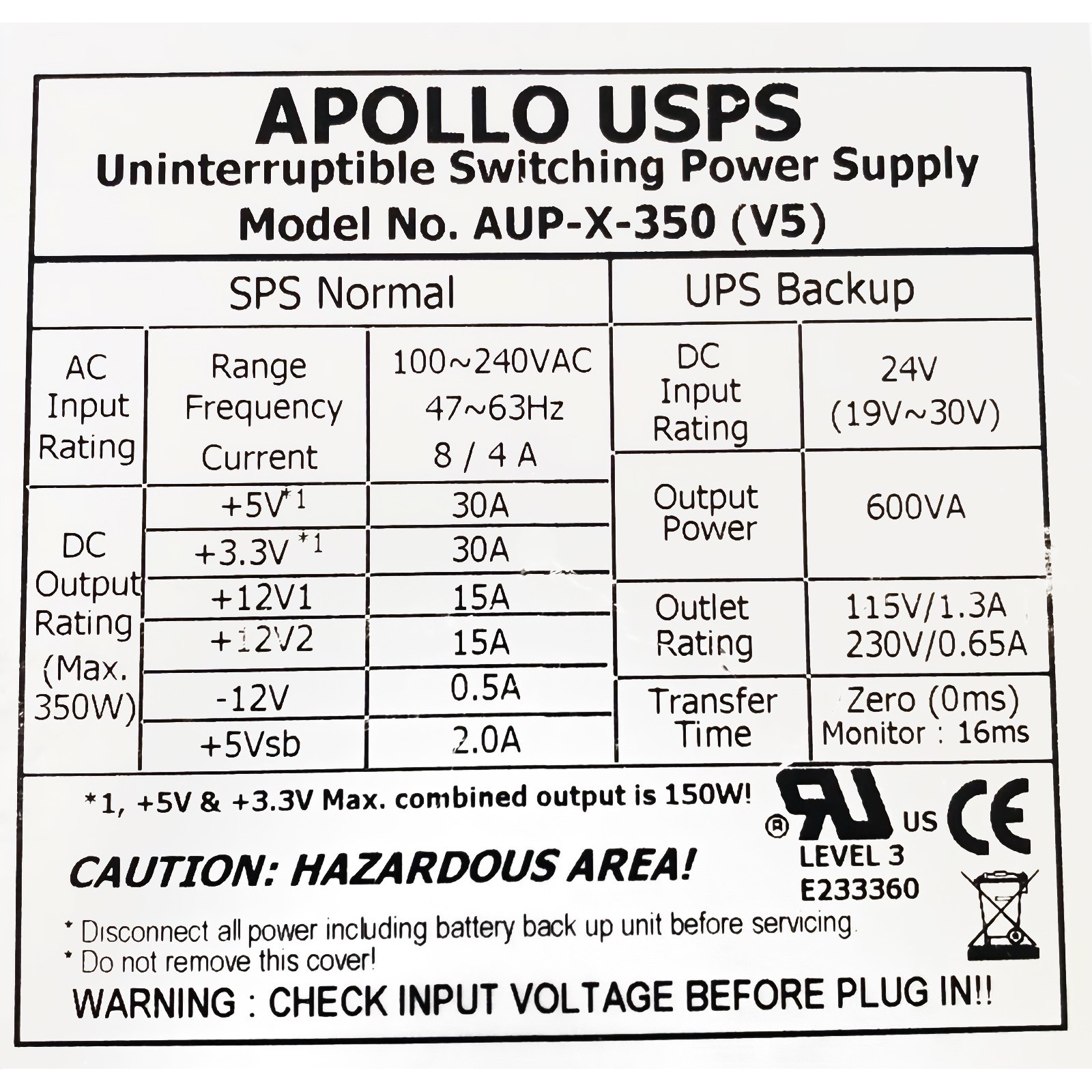 Apollo AUP-X-350 (V5) E233360 350w - Power supply