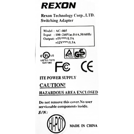 Rexon aC-005 100-240vaC 0.6a 50/60hz 12V/1.5a - AC/DC napájecí adaptér ...