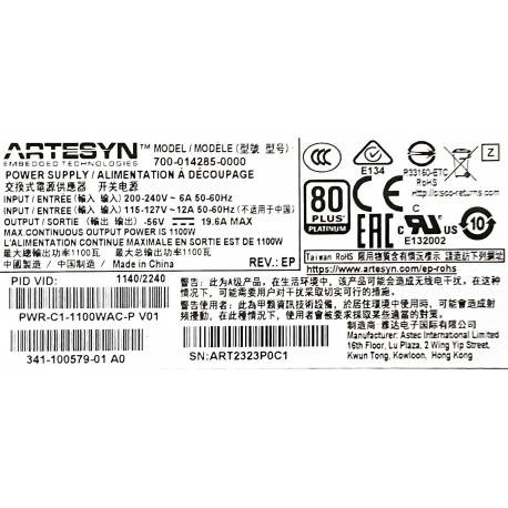 Artesyn 700-014285-0000 PWR-C1-1100WAC-P V01, 341-100579-01 A0 1100w ...