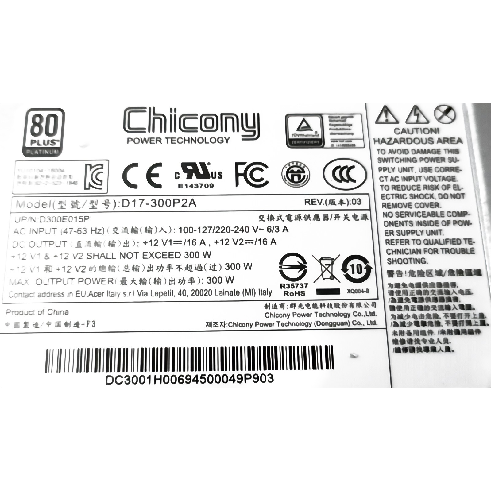 Chicony Power Technology D17-300P2A UP/N:D300E015P - Alimentation ...